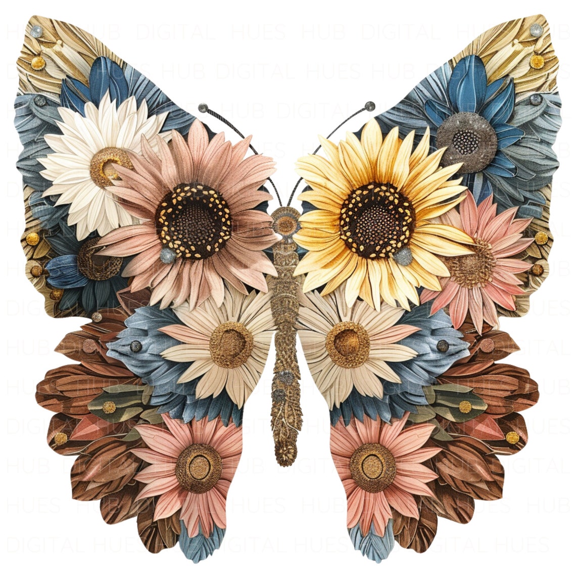 10 Sunflower Butterfly Wings Clipart Bundle Watercolor Floral Butterfly ...