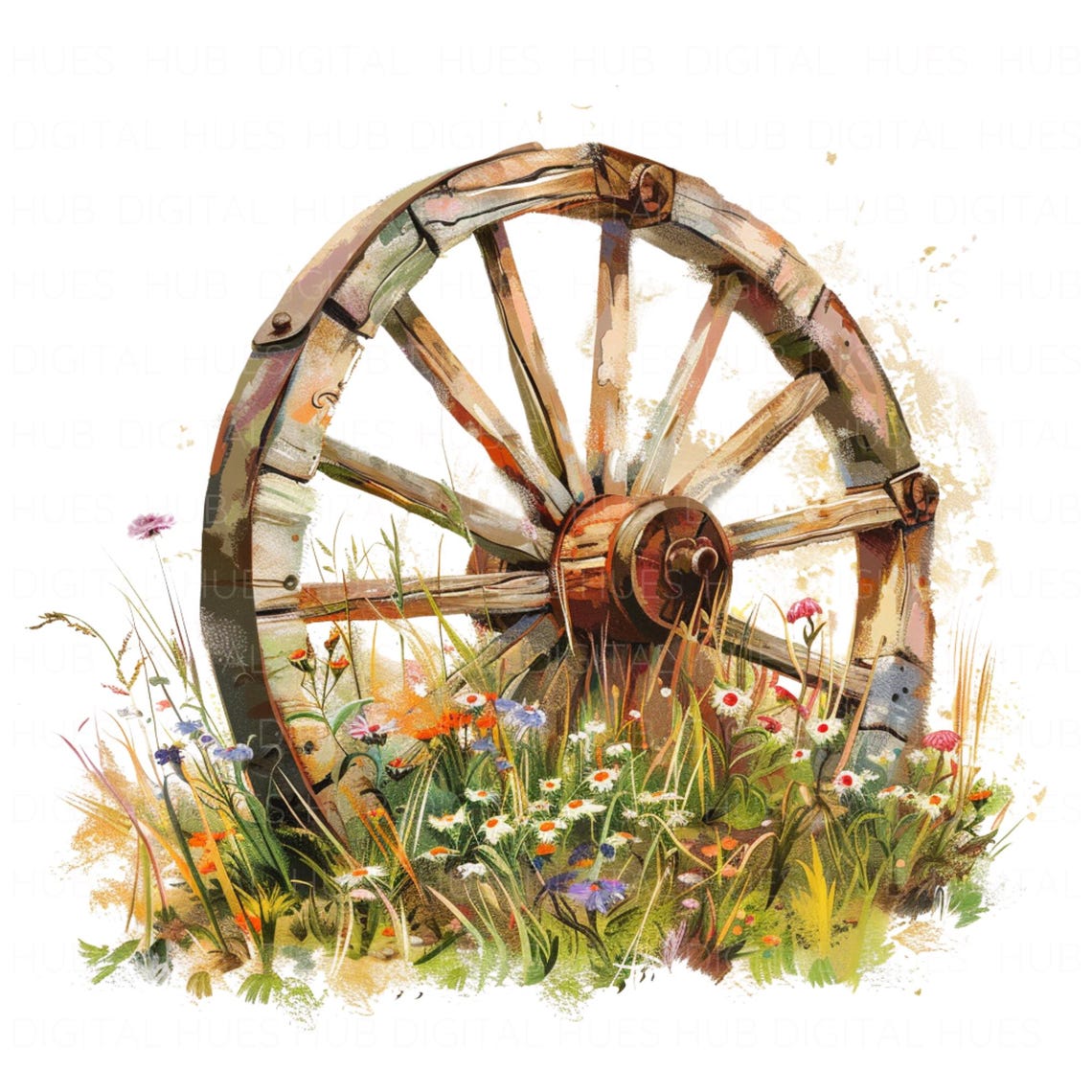 10 Floral Wagon Wheel Clipart Watercolor Floral Wooden Wheel Cart Wheel Printable High Quality ...