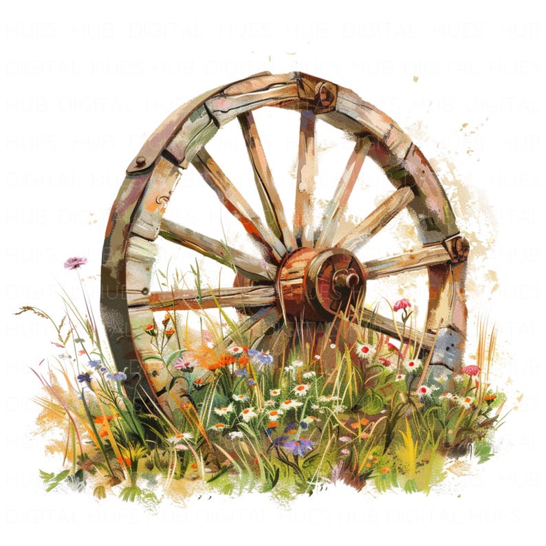 10 Floral Wagon Wheel Clipart Watercolor Floral Wooden Wheel Cart Wheel ...