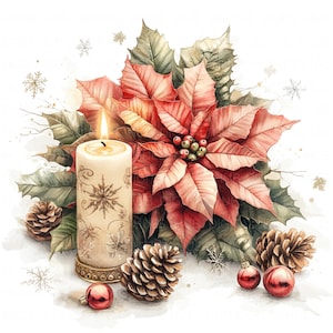 14 Red Poinsettia Flowers Candles Clipart Watercolor Christmas Graphics ...