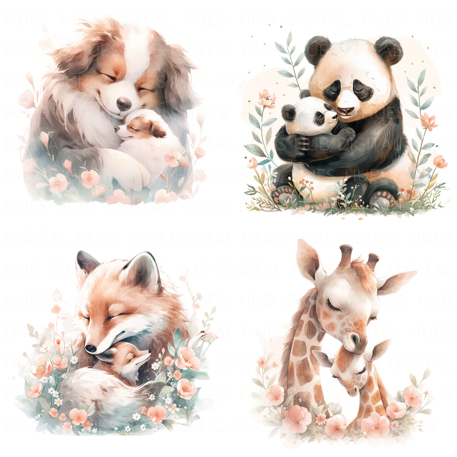 10 Watercolor Animal Mother and Baby Clipart Mothers Day Clipart High ...