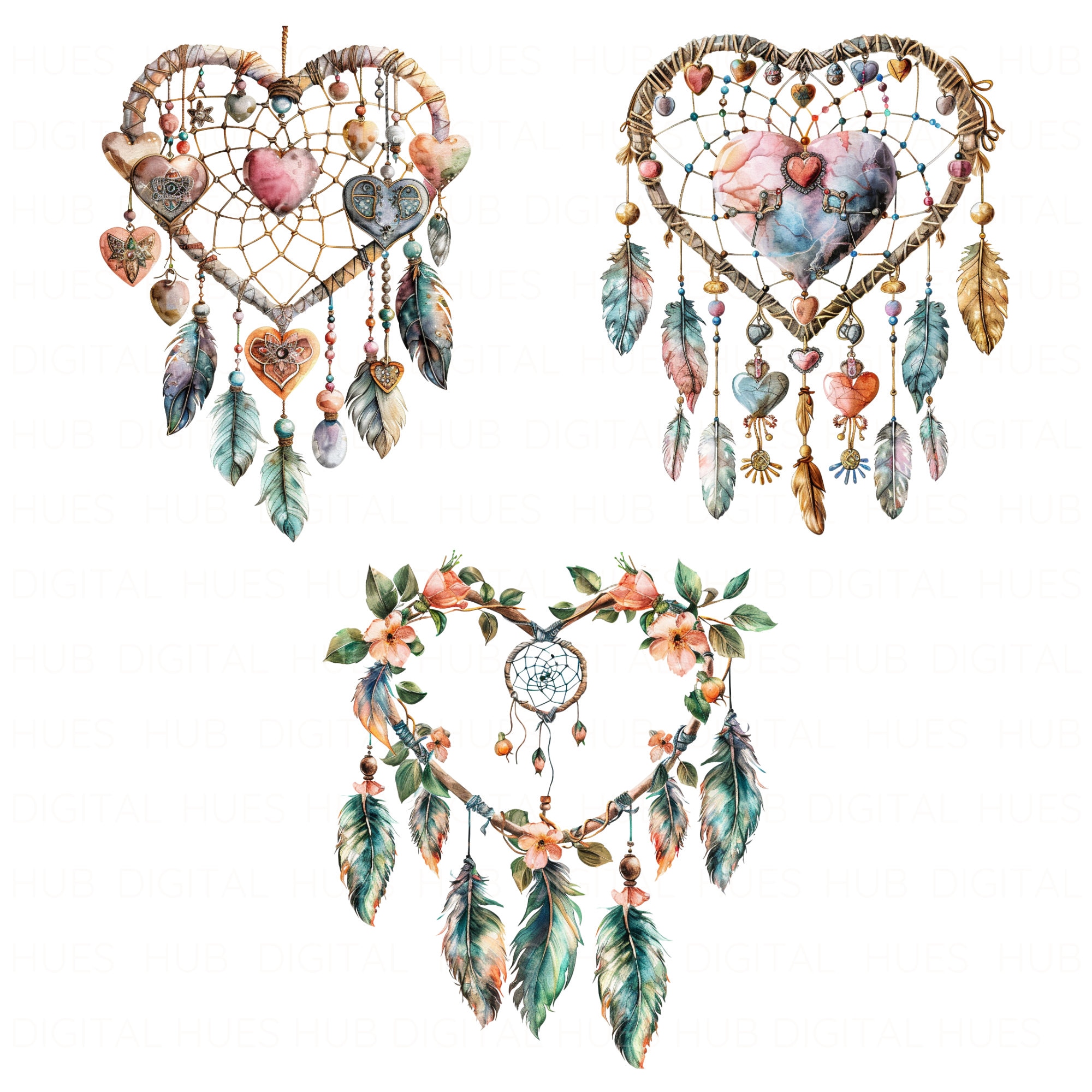 11 Heart Dream Catcher Clipart Watercolor Floral Dream Catcher ...