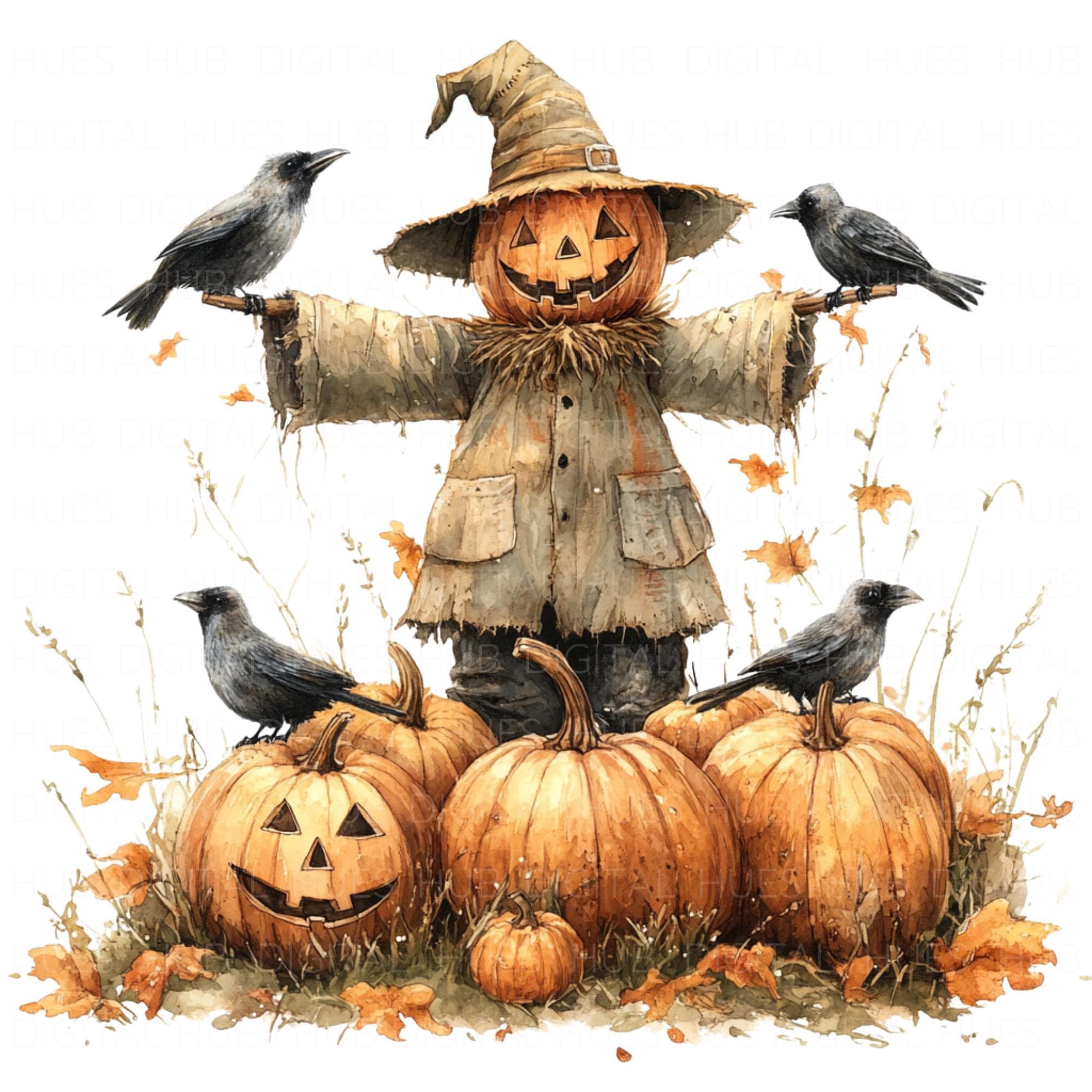 12 Scarecrow Pumpkin Patch Clipart Watercolor Halloween Autumn ...