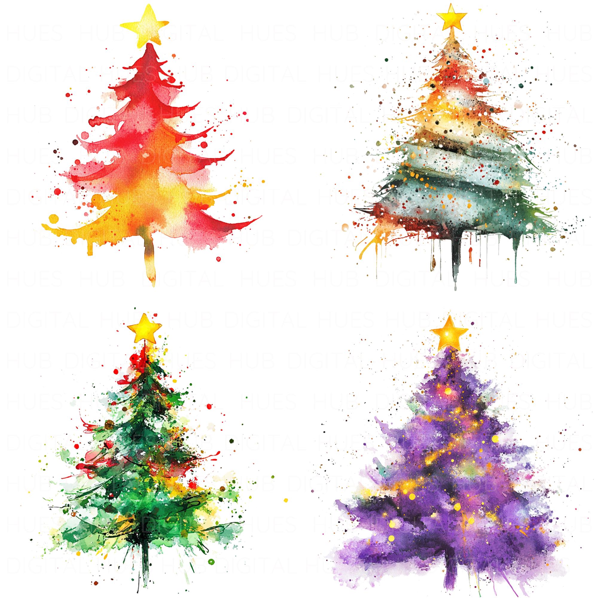 14 Abstract Christmas Tree Clipart: Watercolor Colorful Holiday Tree ...