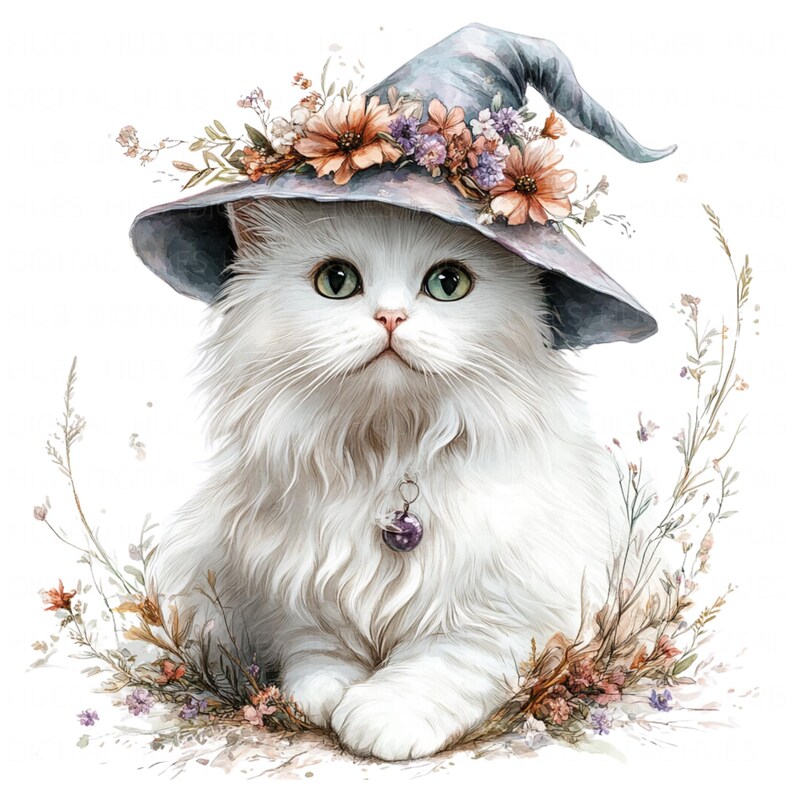 15 Halloween Cat Clipart Watercolor White Cat With Witch Hat Clipart ...