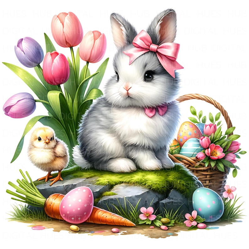 13 Easter Bunny With Chick Clipart Watercolor Easter Spring Art ...