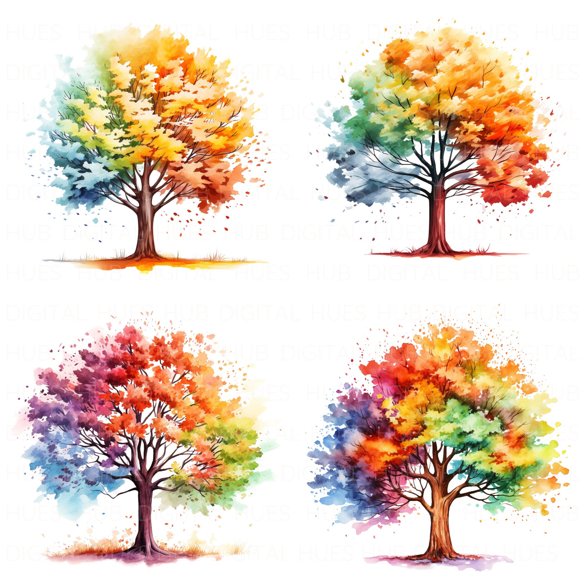 16 All Season Tree Clipart Bundle Watercolor Tree Changing Color High ...