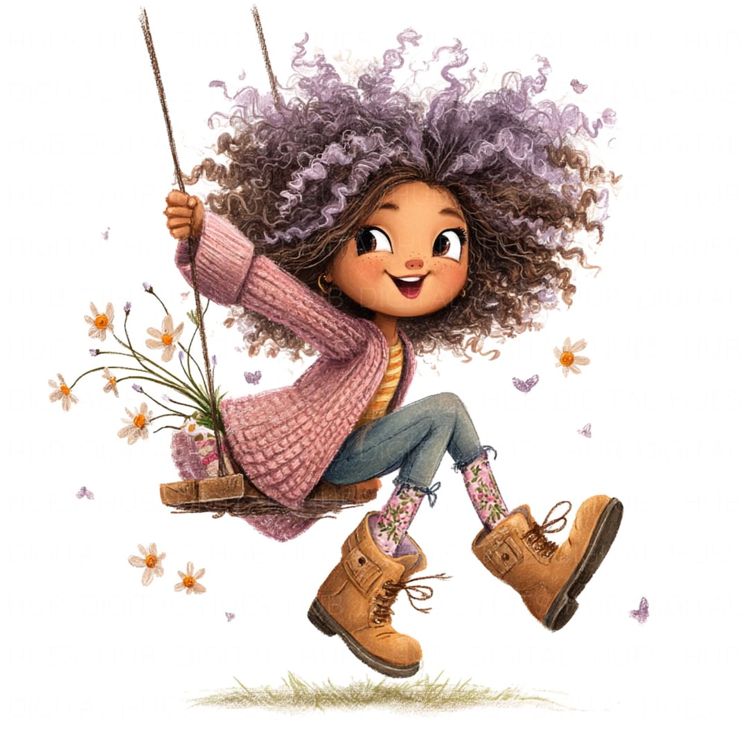 13 Cartoon Girl on Swing Clipart Watercolor Quirky Whimsical Girl Happy ...