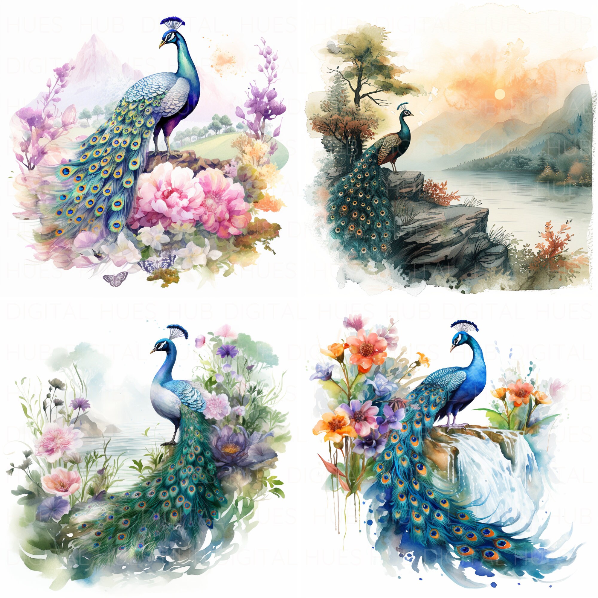 13 Peacock Clipart Bundle Landscape Watercolor Clipart High Quality ...