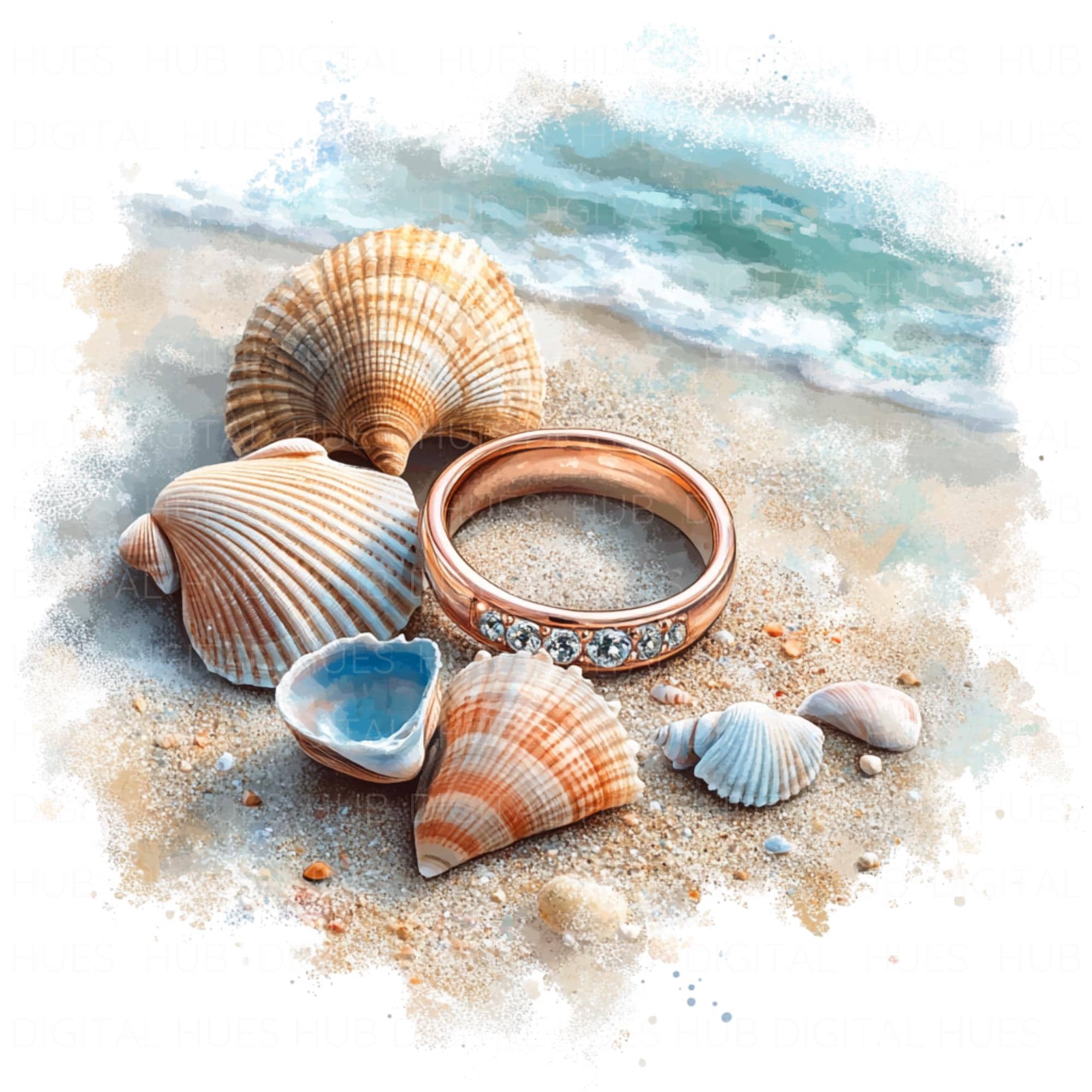 13 Wedding Ring and Sea Shell Clipart Watercolor Romantic Valentine ...