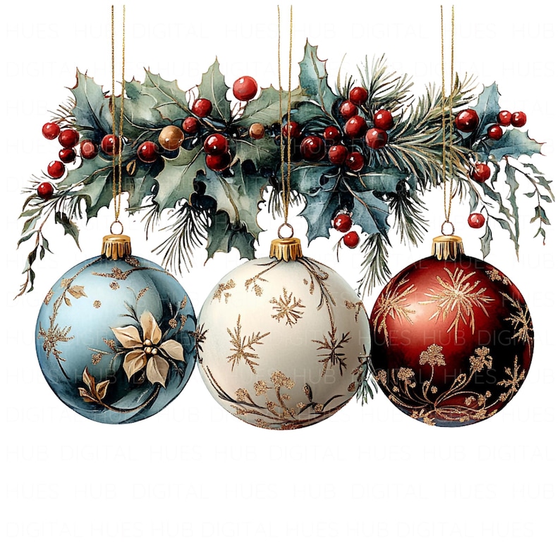 13 Hanging Bauble Clipart Watercolor Festive Christmas Bauble Printable ...