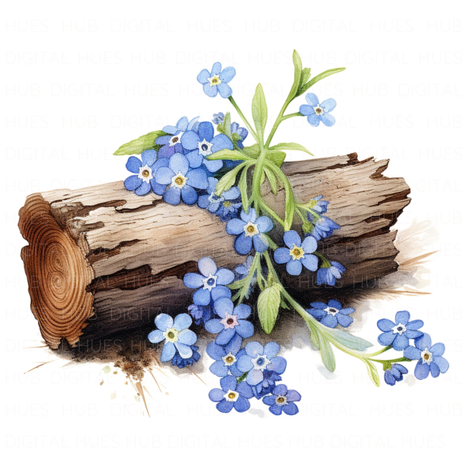 15 Forget Me Not on Log Clipart Bundle Watercolor Forget Me Not ...