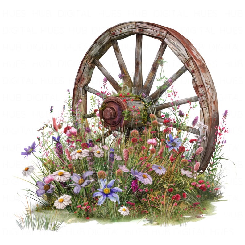 10 Floral Wagon Wheel Clipart Watercolor Floral Wooden Wheel Cart Wheel ...