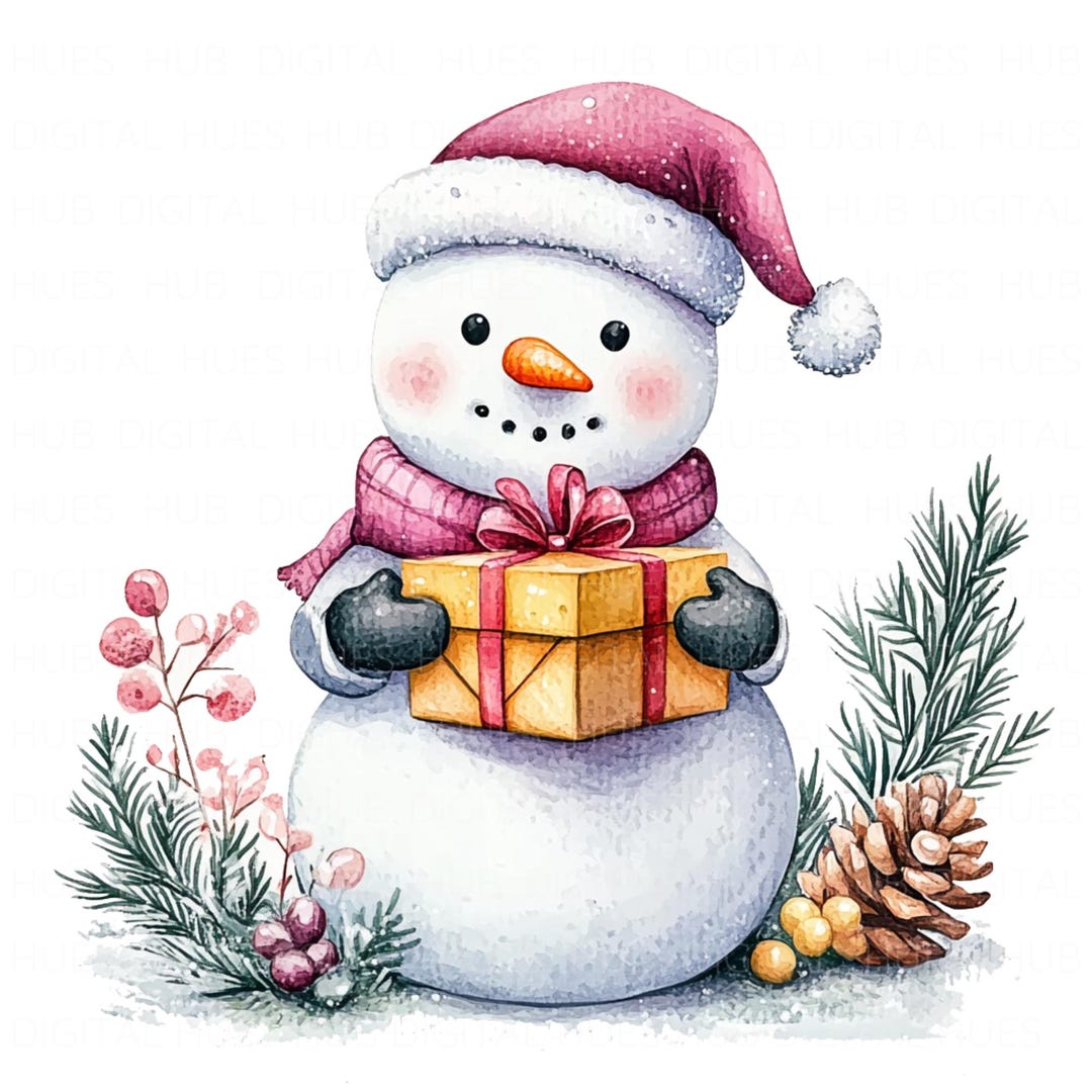 10 Sweet Snowman With Gift Clipart Watercolor Christmas Holiday Graphic ...