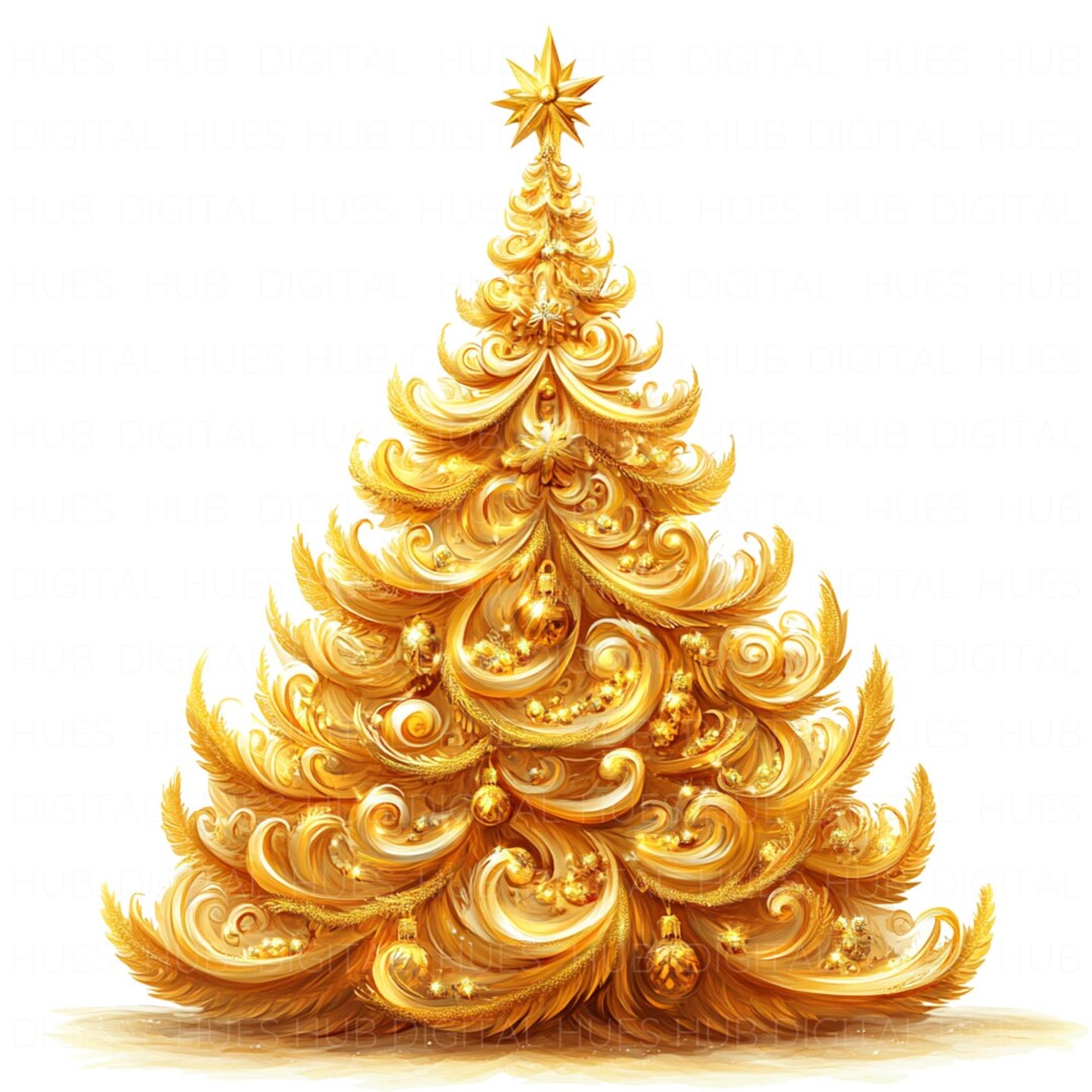 12 Golden Christmas Tree Clipart Watercolor Magical Christmas Winter ...