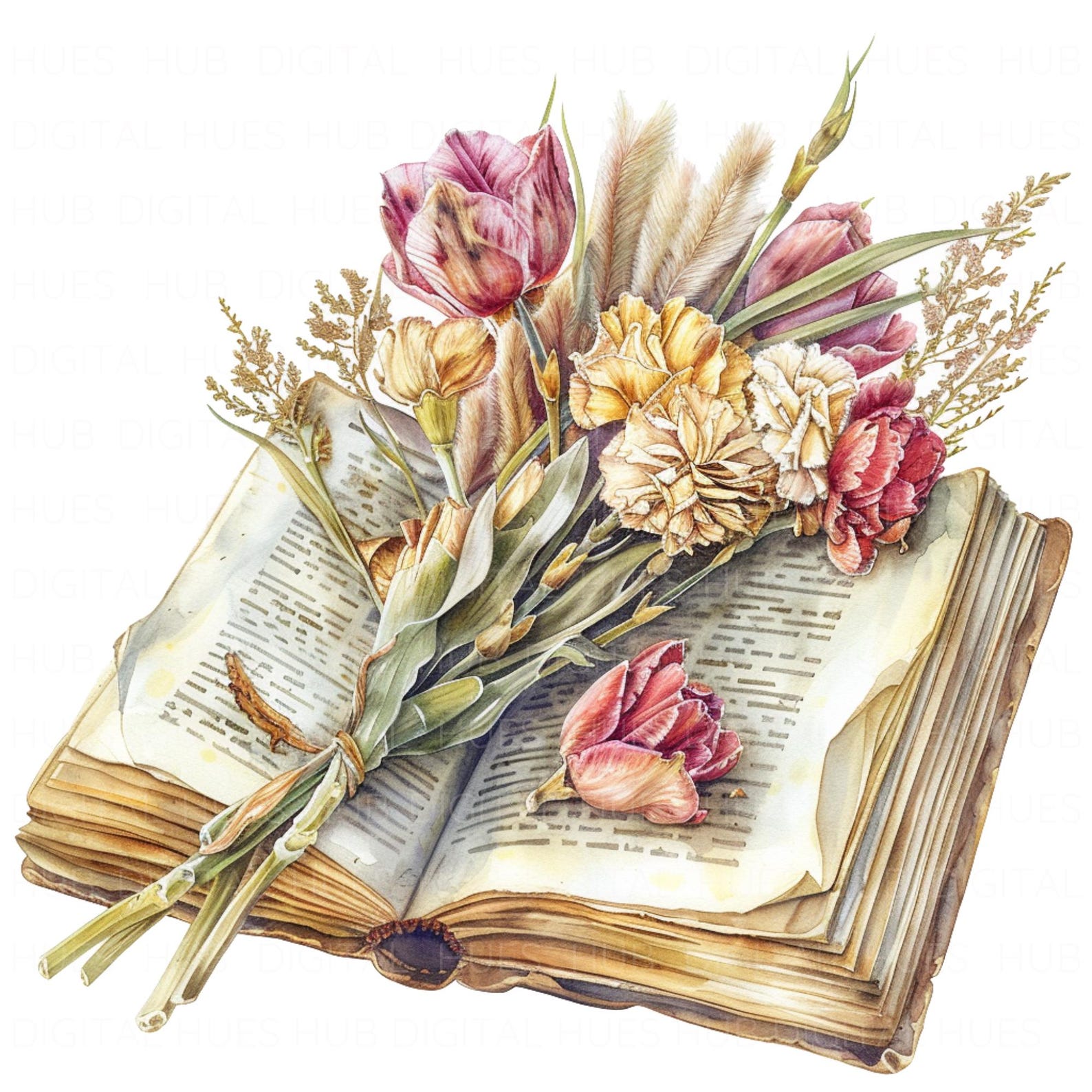 15 Dried Carnation Books Clipart Watercolor Old Floral Magic Book ...