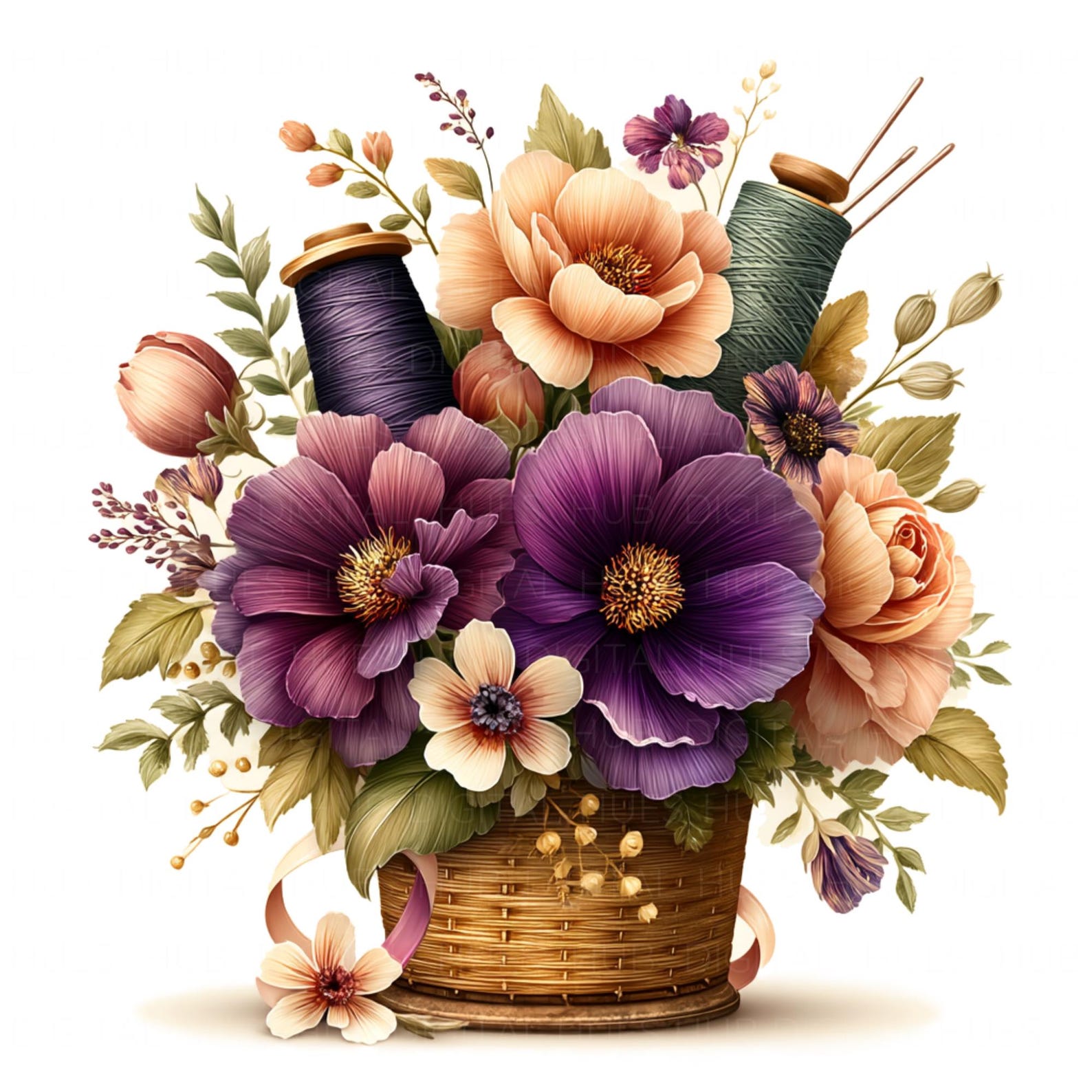 13 Floral Spool Basket Clipart Watercolor Vintage Spools of Thread ...
