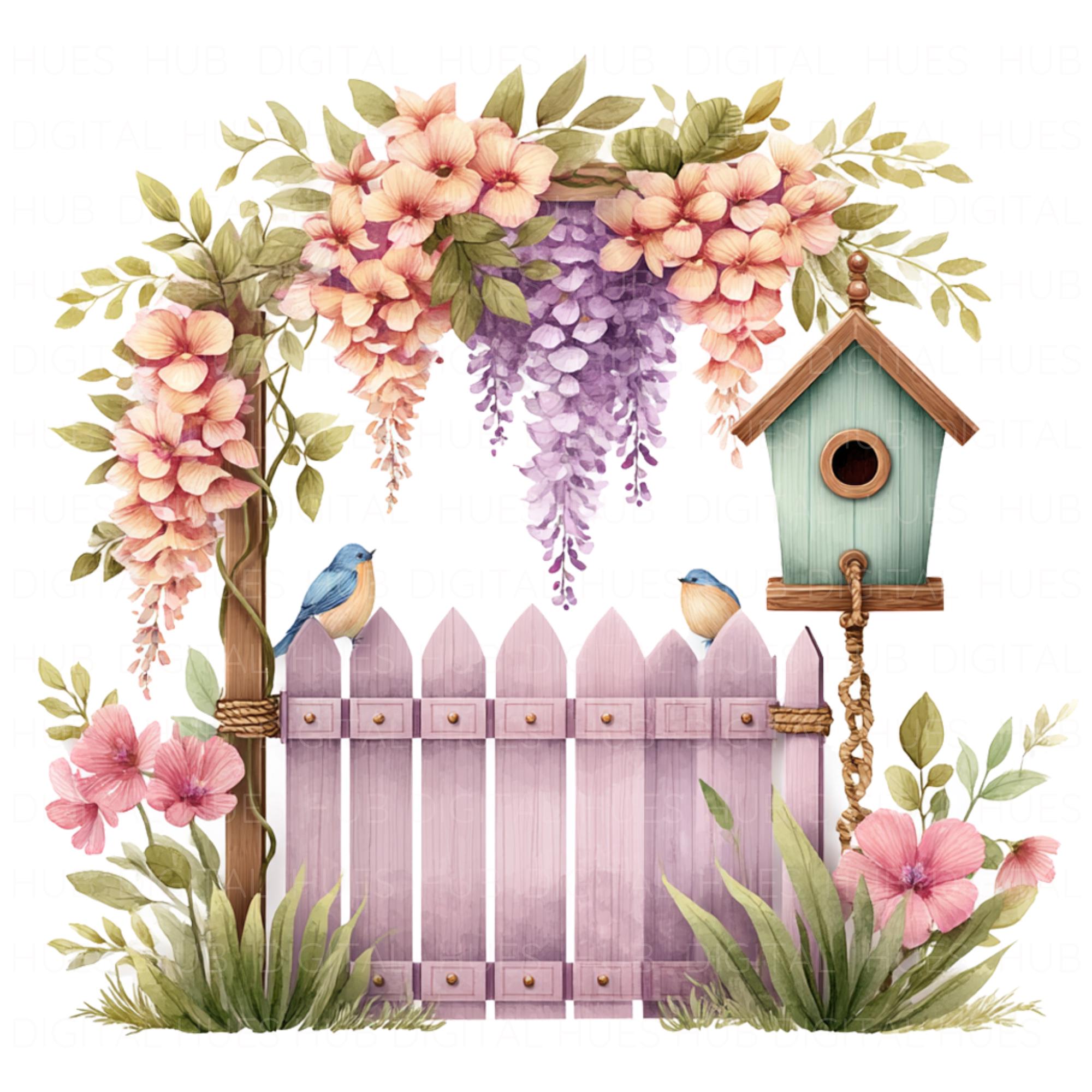 18 Wooden Garden Gate Clipart Watercolor Vintage Flower Gates Spring ...