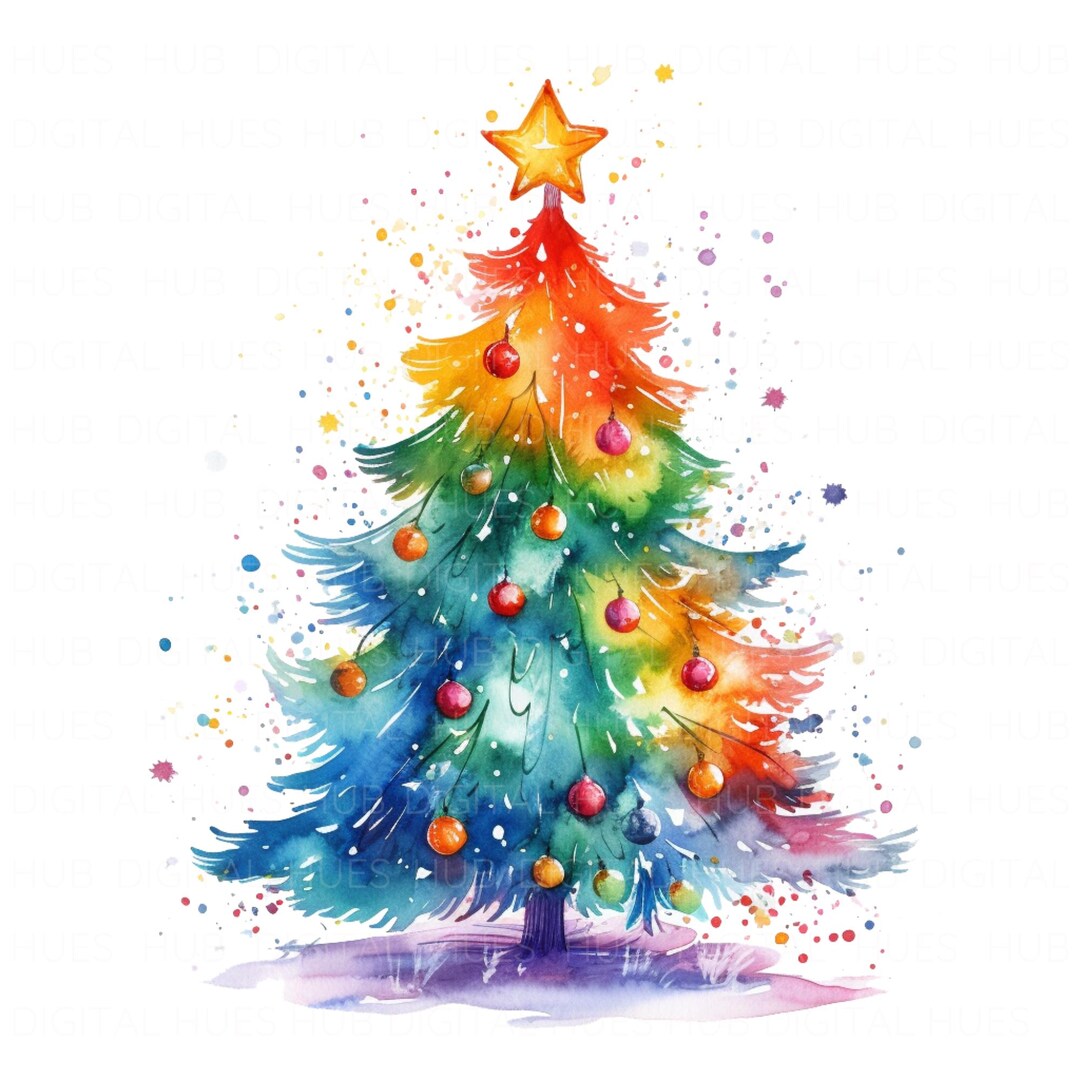 11 Colorful Christmas Tree Clipart: Watercolor Festive Vintage Tree ...