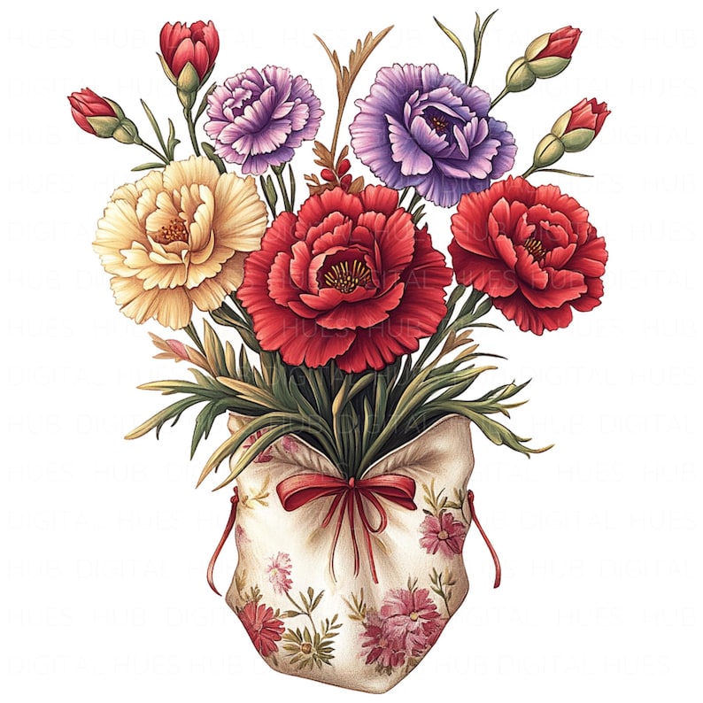 12 Carnation Bouquet Clipart Watercolor Birth Flower Botanical Art ...