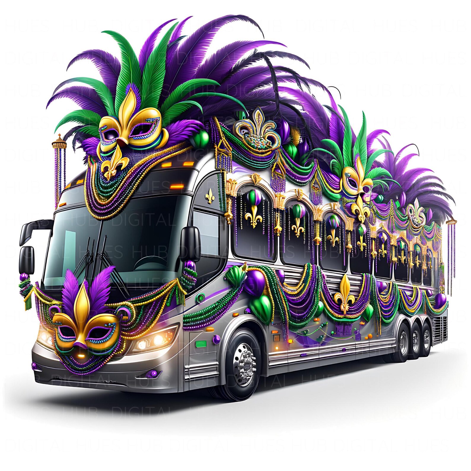 12 Mardi Gras Bus Clipart: Watercolor Purple Green Gold Carnival JPEG ...