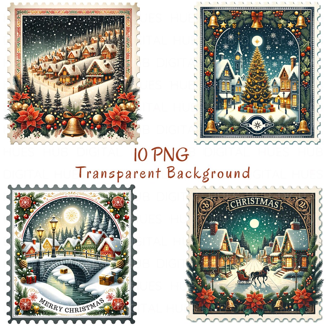 10 Vintage Christmas Stamps Clipart: Watercolor Festive Winter Holiday ...