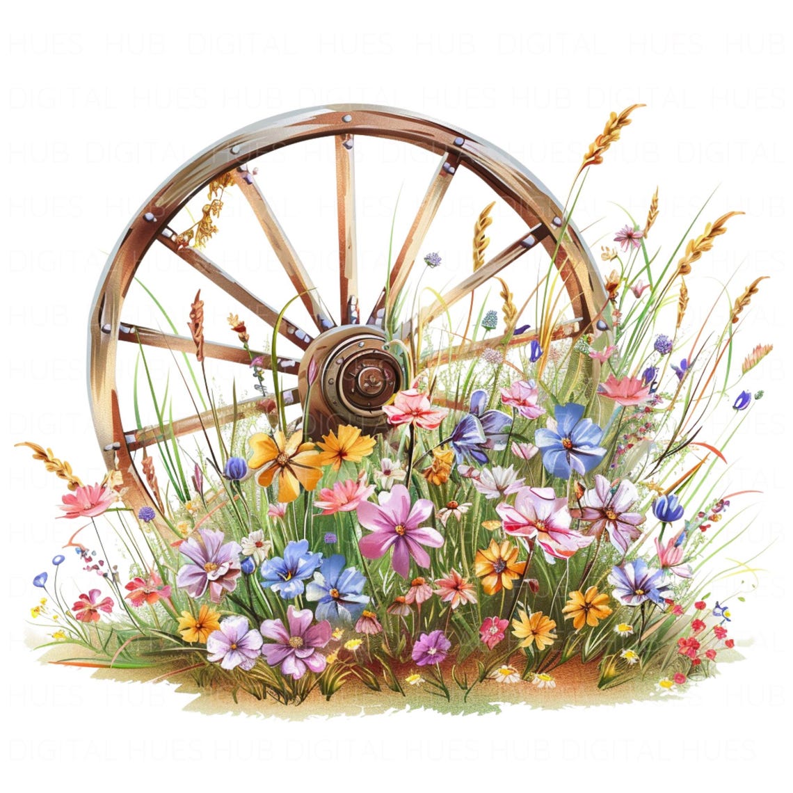 10 Floral Wagon Wheel Clipart Watercolor Floral Wooden Wheel Cart Wheel ...