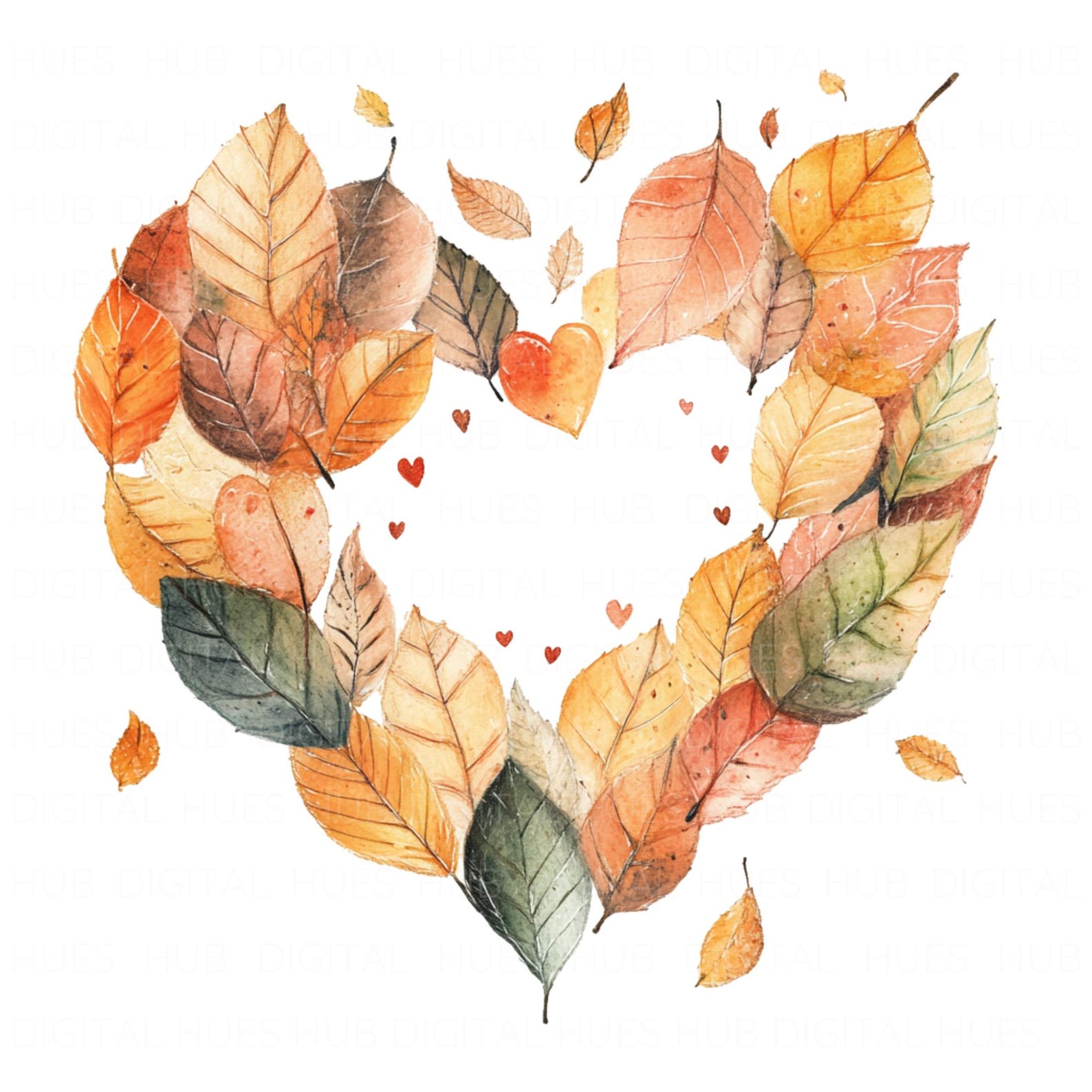 12 Autumn Leaves Heart Clipart Watercolor Fall Leaves Printable High ...