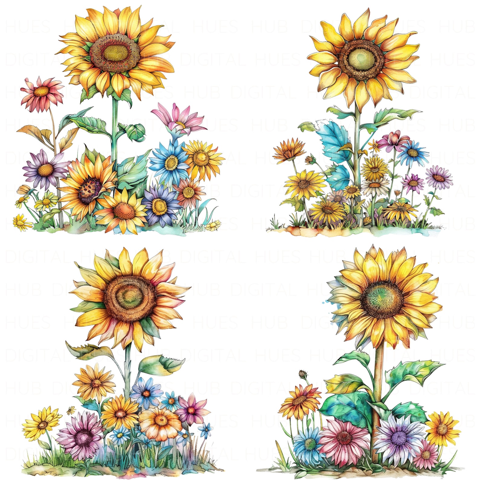 10 Sunflower Daisy Field Clipart Bundle Watercolor Nursery Sunflower ...