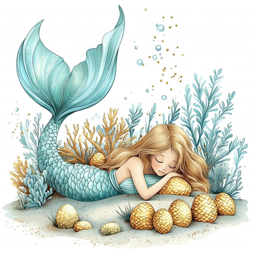 11 Little Mermaid Sleeping Underwater Watercolor Fairytale Art ...