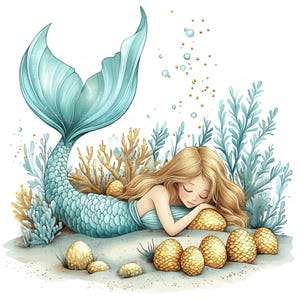 11 Little Mermaid Sleeping Underwater Watercolor Fairytale Art ...