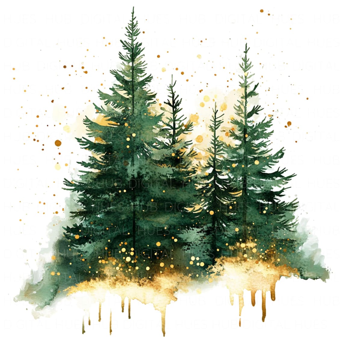 11 Pine Tree Clipart: Watercolor Green & Gold Christmas Tree JPEG ...