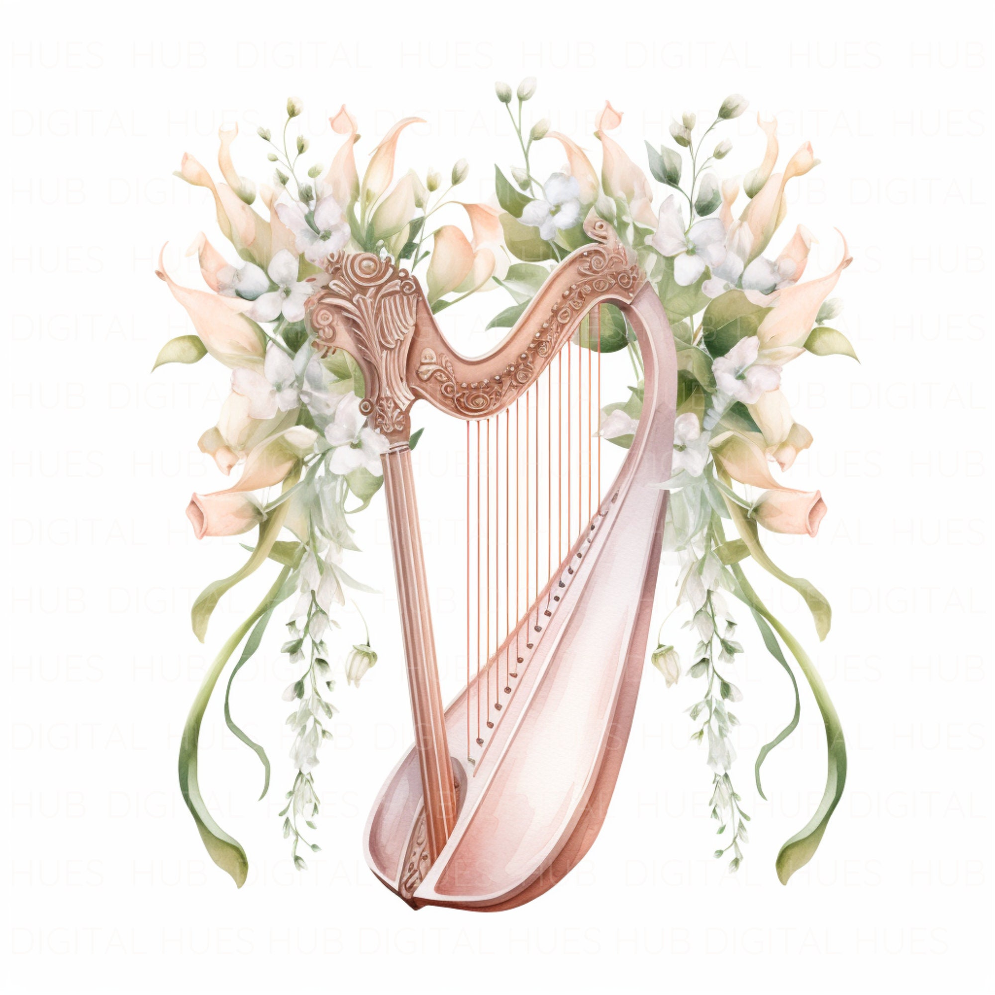 12 Watercolor Floral Harp Clipart Bundle Magic Lyre Printable High ...