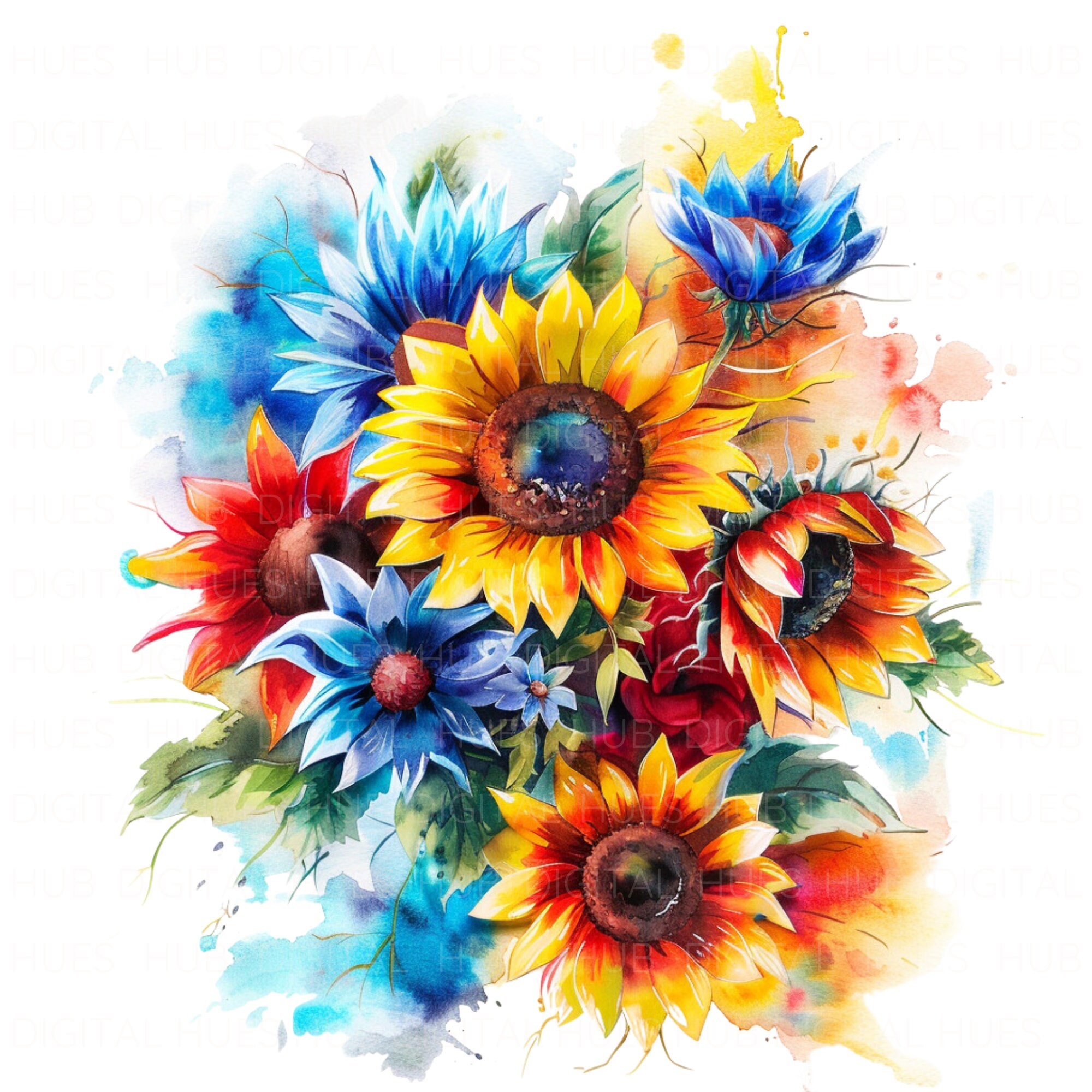 10 Colorful Sunflower Clipart Bundle Watercolor Bright Sunflowers ...