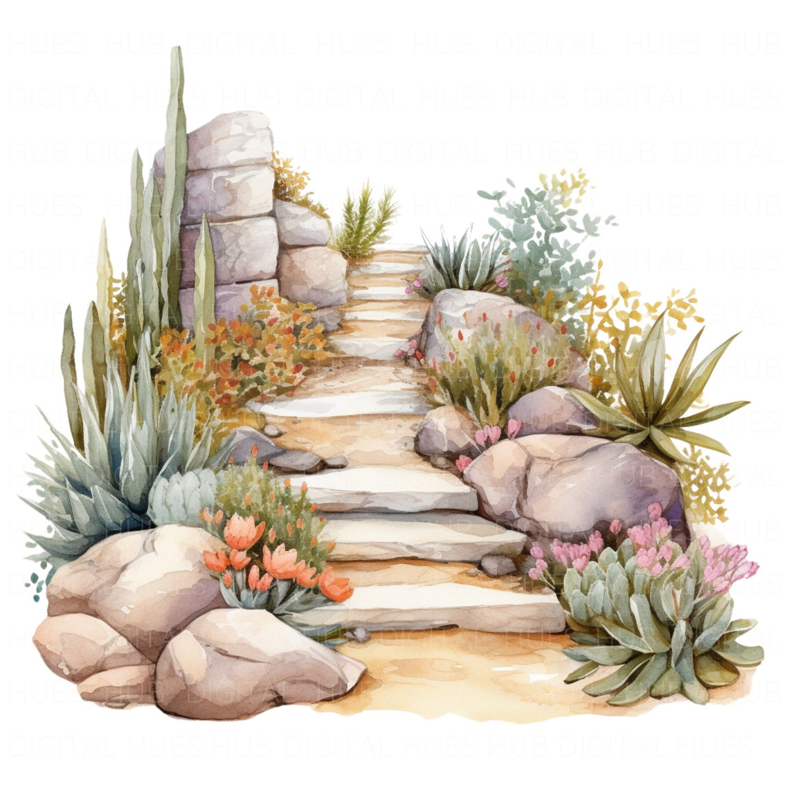 17 Stone Path Clipart Bundle Watercolor Stone Stairs With Plants ...