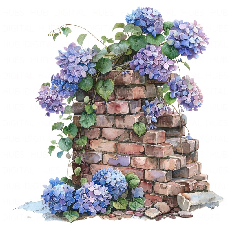 10 Hydrangea Brick Wall Clipart Watercolor Floral Garden Wall Rustic ...