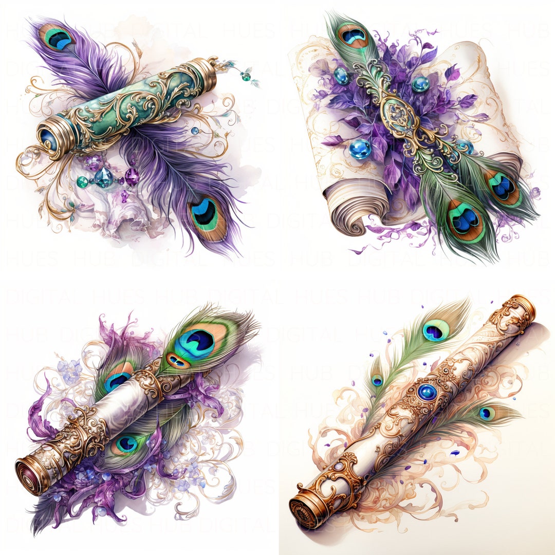 13 Peacock Feather Scroll Clipart Watercolor Clipart High Quality JPEG ...