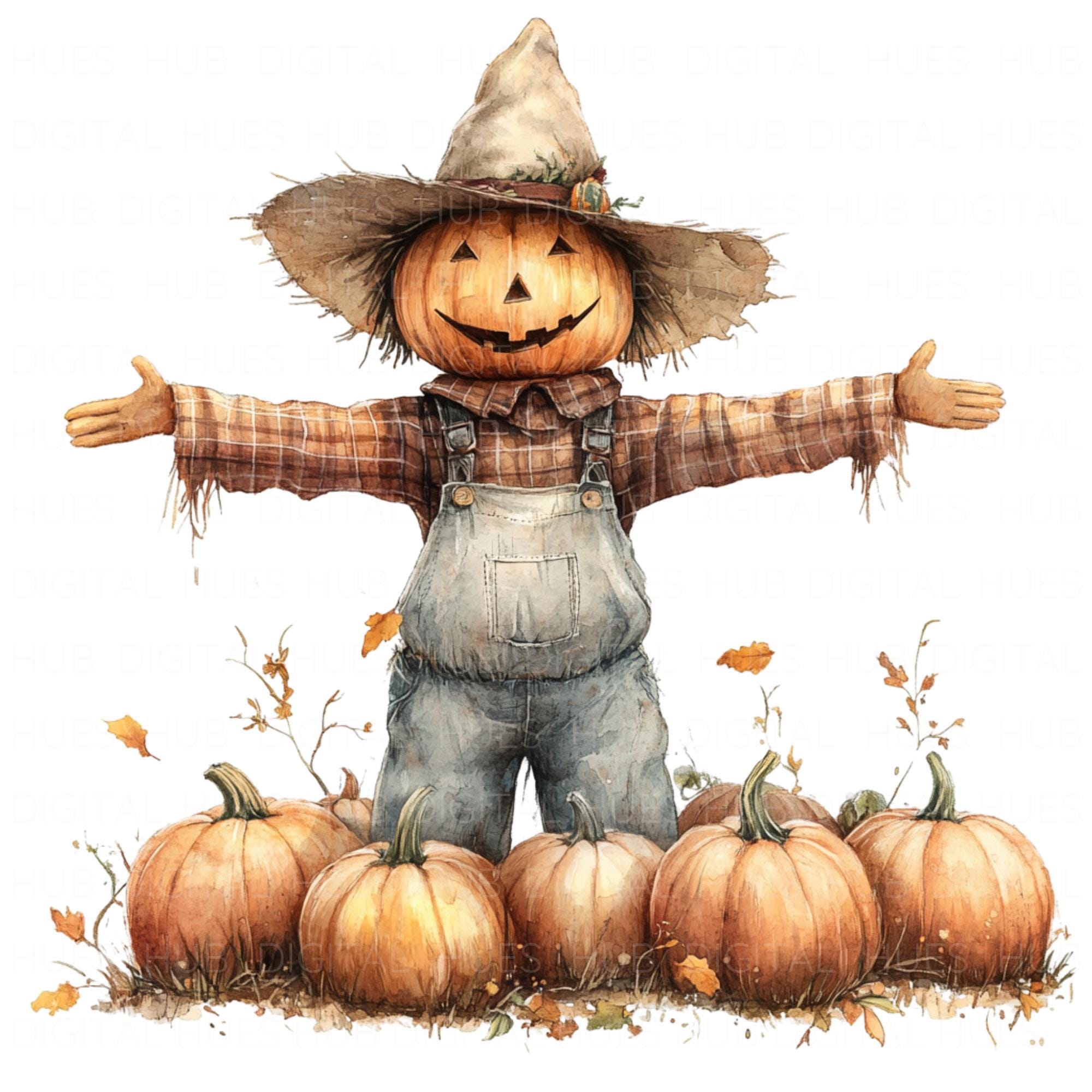12 Scarecrow Pumpkin Patch Clipart Watercolor Halloween Autumn ...