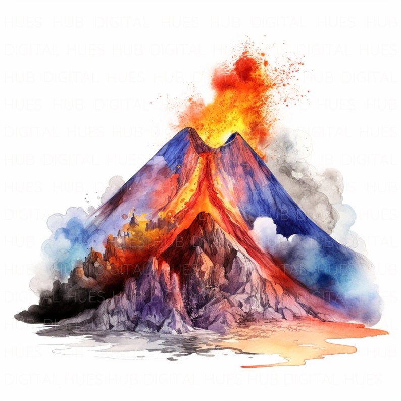 18 Volcano Clipart Bundle Set 1 Watercolor Erupting Volcano Clipart ...