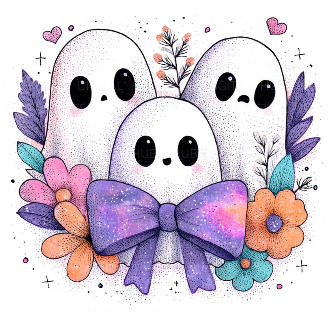 10 Cute Girly Ghosts With Bows Halloween Clipart Pastel Kawaii Ghosts ...