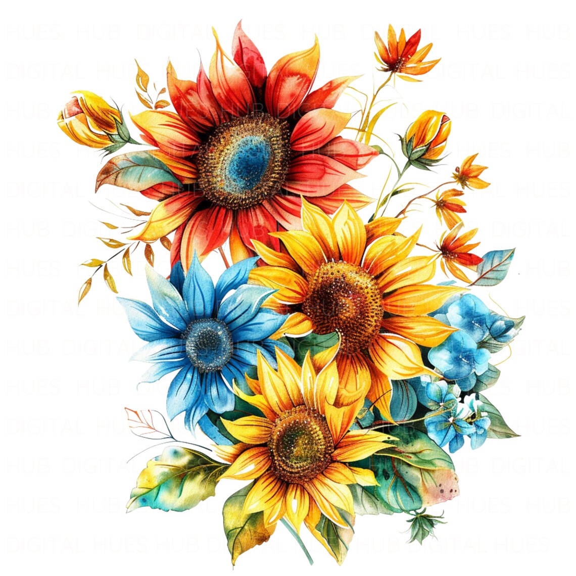 10 Colorful Sunflower Clipart Bundle Watercolor Bright Sunflowers ...