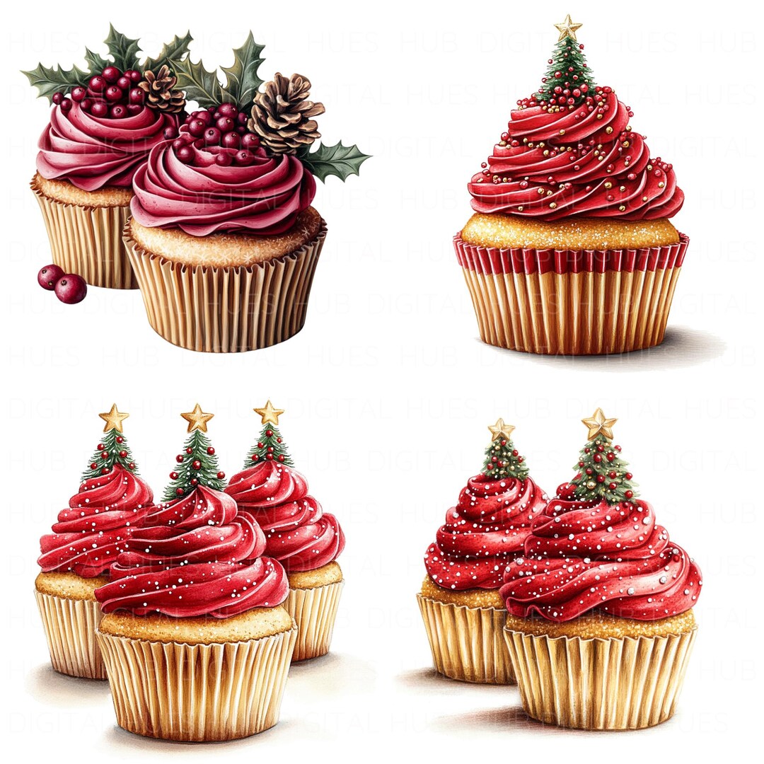 12 Christmas Cupcake Clipart Watercolor Festive Holiday Graphics ...