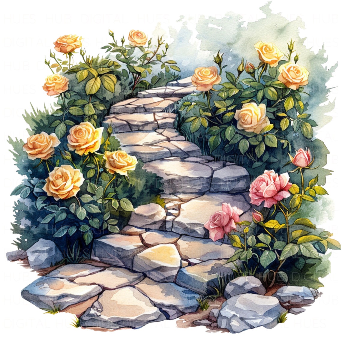 12 Rose Garden Stone Path Clipart Bundle Watercolor Stone Stairs ...
