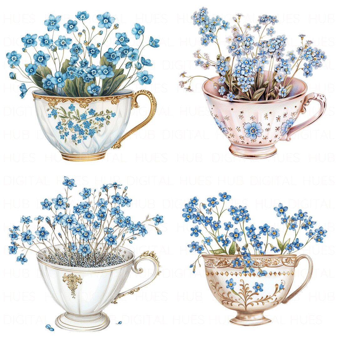 14 Forget Me Not Teacup Clipart Bundle Watercolor Boho Floral Teacup ...