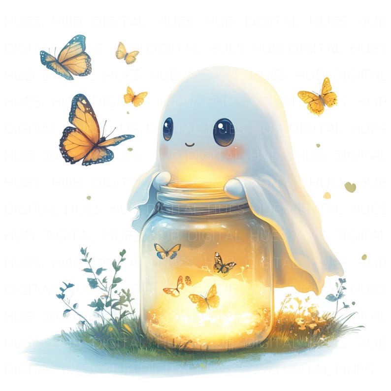 10 Cute Kawaii Ghost Catching Butterflies Clipart Watercolor Nursery ...