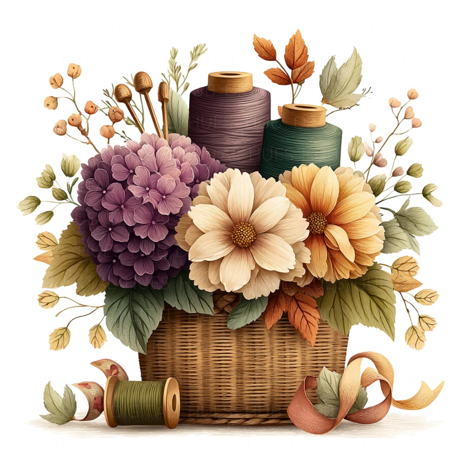 13 Floral Spool Basket Clipart Watercolor Vintage Spools of Thread ...