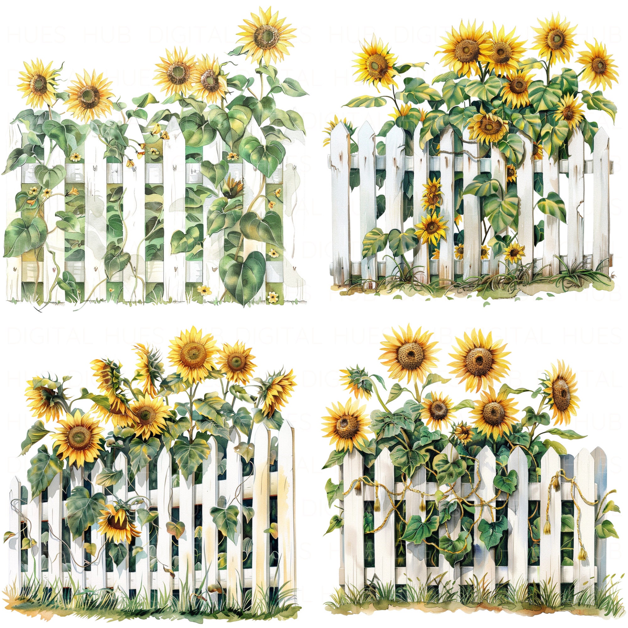 10 Sunflower Wooden Fence Clipart Bundle Watercolor Flower Fence Art ...