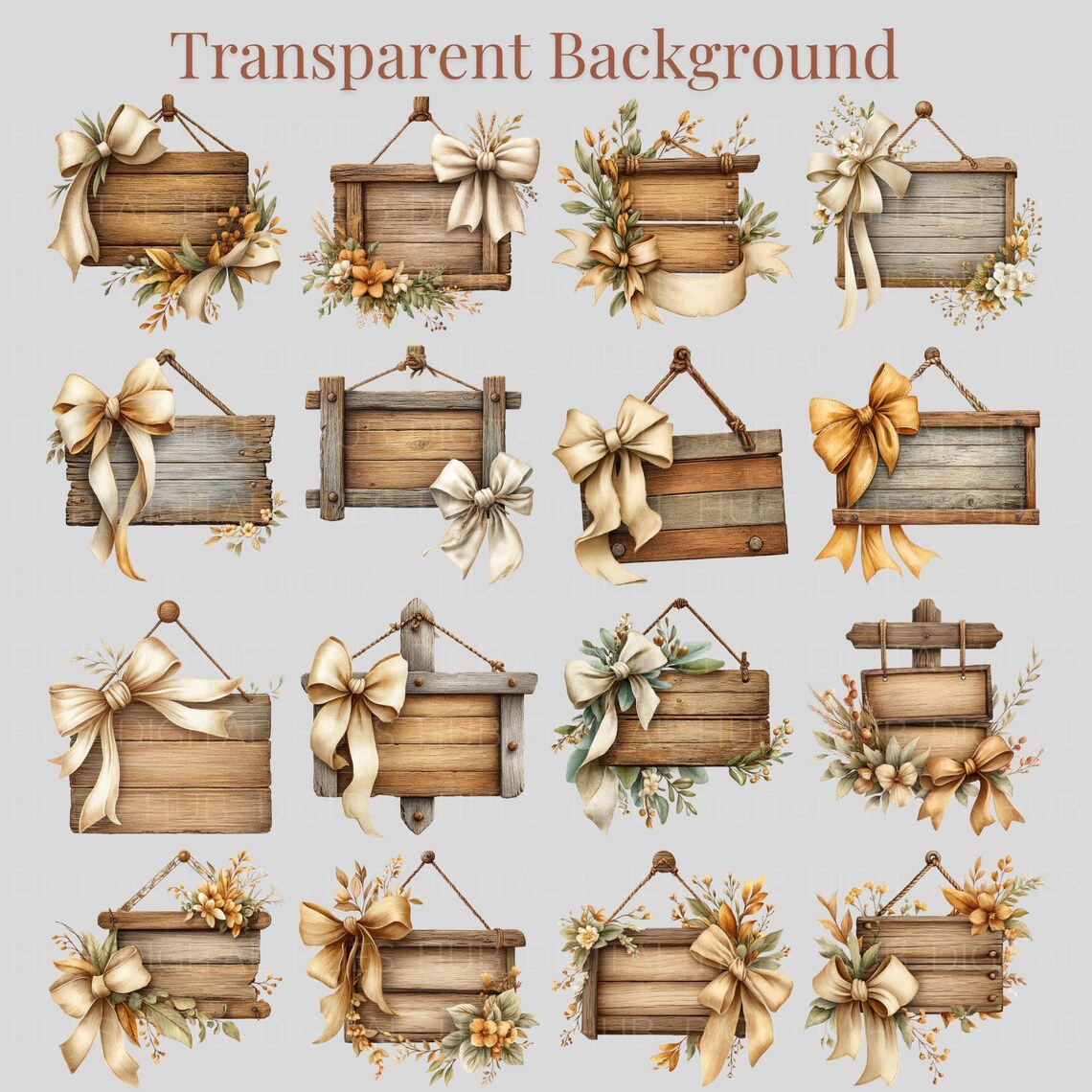 17 Rustic Wooden Sign Bow Clipart Watercolor Vintage Hanging Garden ...