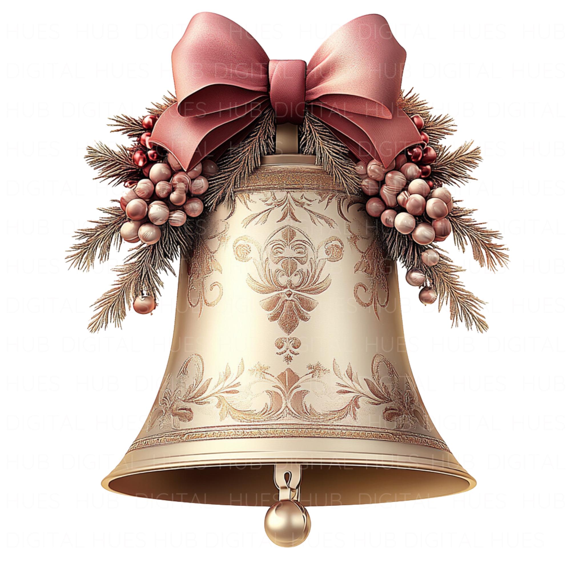 15 Pink Gold Christmas Bell Clipart Watercolor Festive Holiday ...