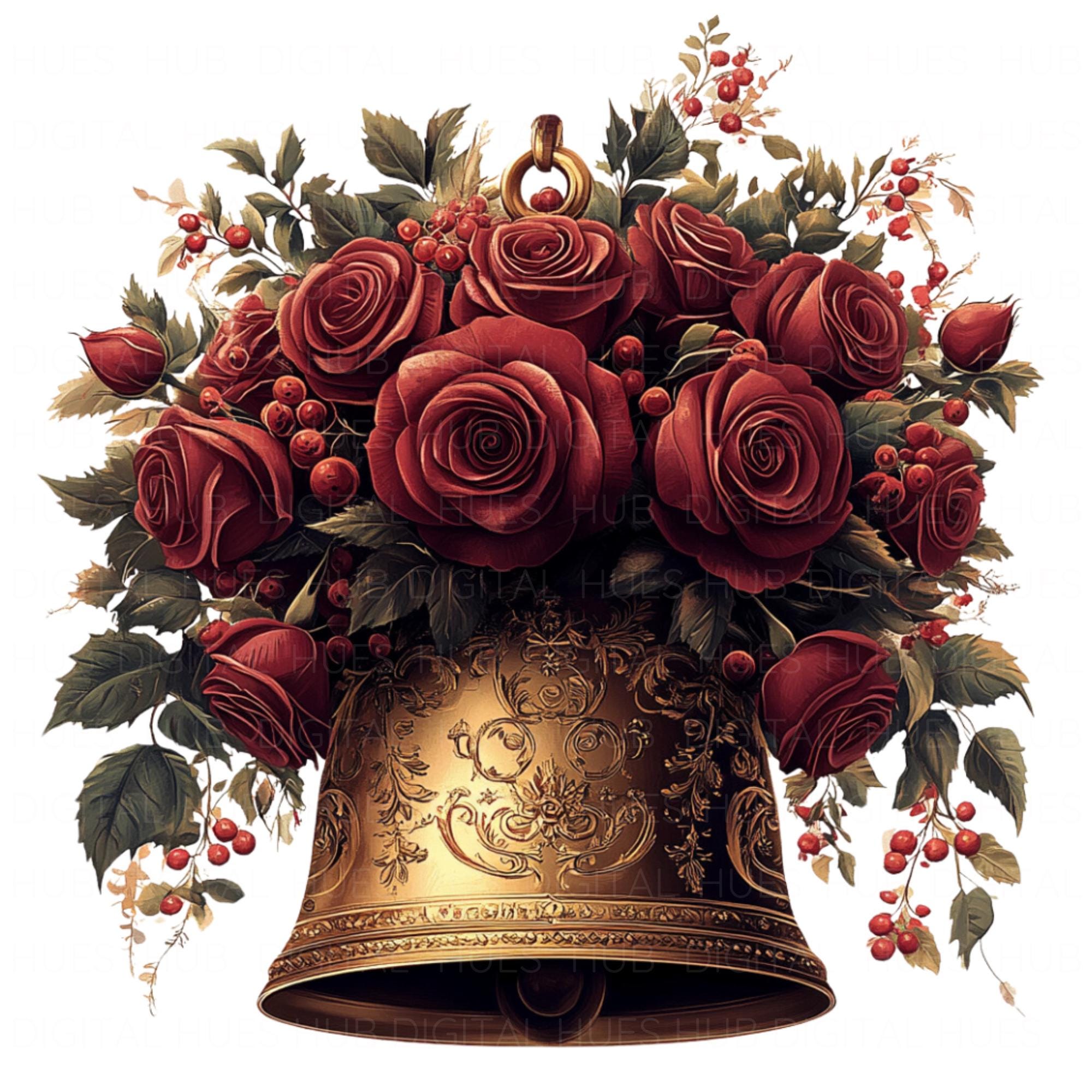 12 Floral Christmas Bell Roses Clipart Watercolor Holiday Graphics ...